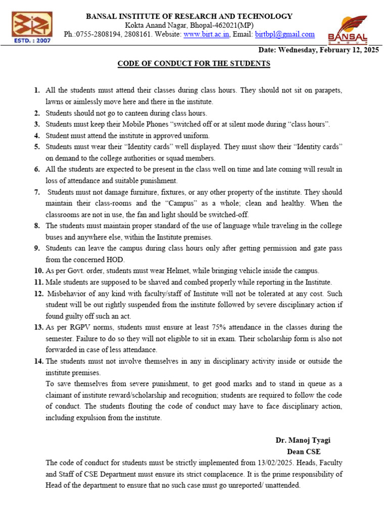Bansal Institute Student Code of Conduct | PDF