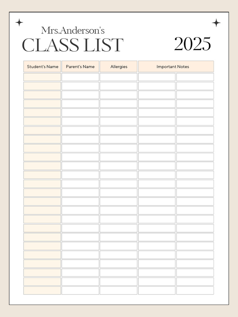 Beige White Aesthetic Modern Class List | PDF