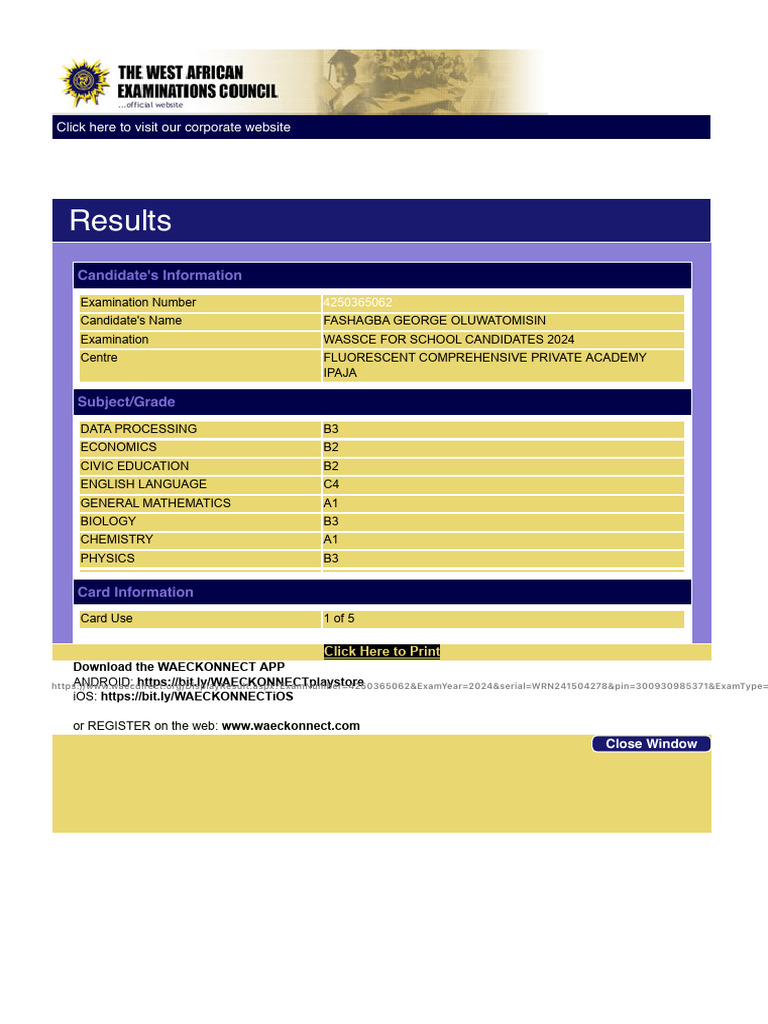 Waecdirect Online - Results | PDF