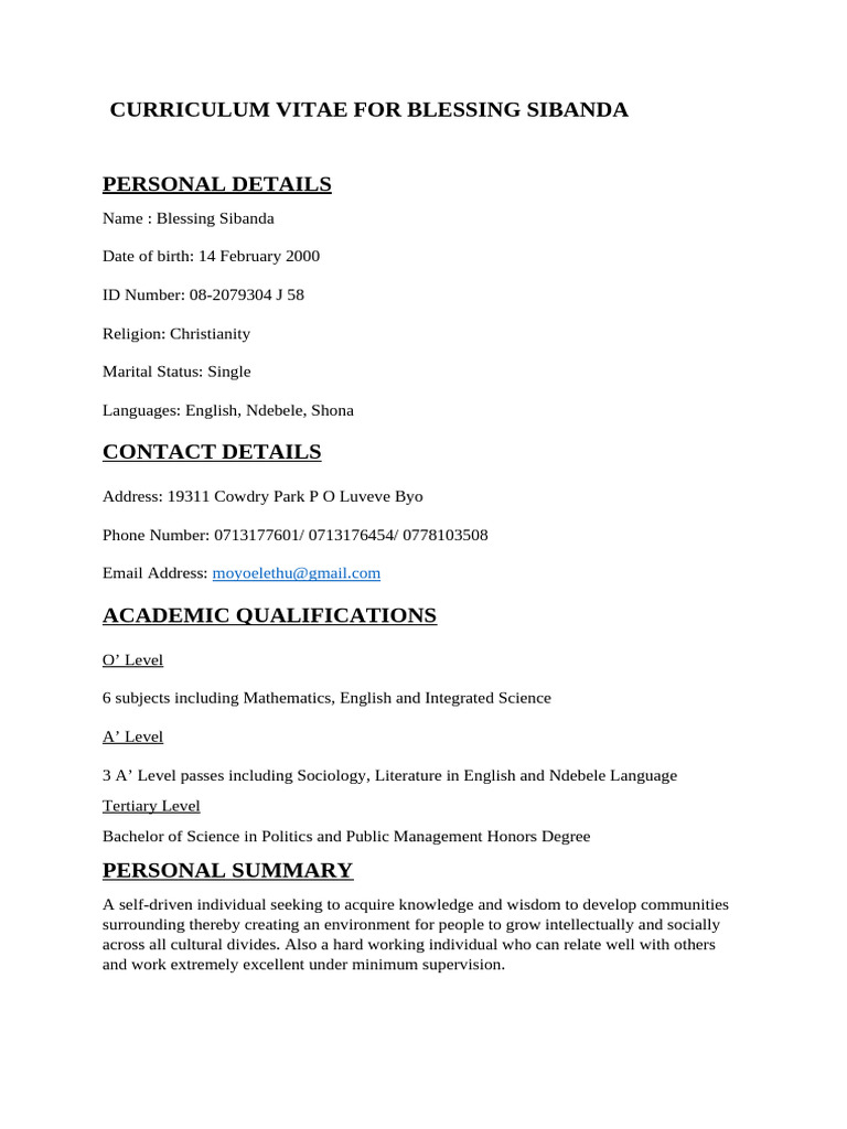 CV of Blessing Sibanda | PDF