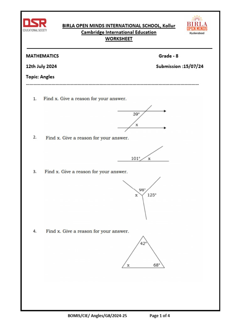 Grade 8 Angles Worksheet | PDF