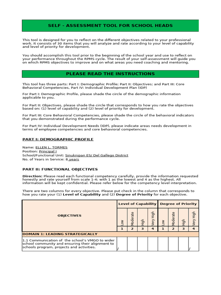 SHs Self Assessment | PDF | Learning | Teachers