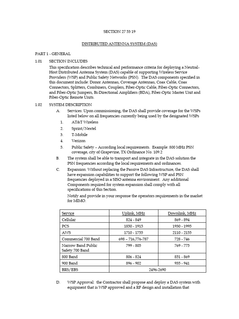DAS Specifications for WSP Approval | PDF | Wavelength Division ...