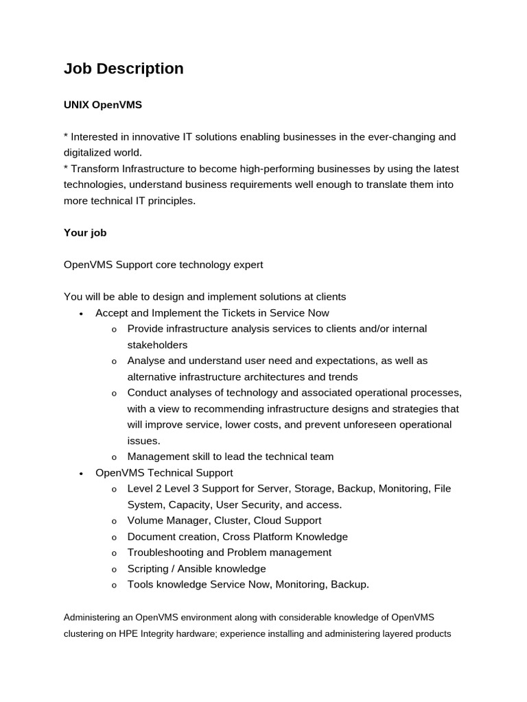 Job Description Unix OpenVMS | PDF | Computer Cluster | Backup