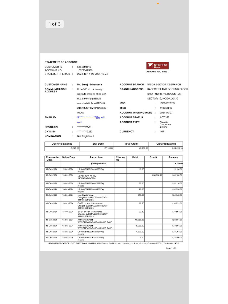 Idfc Statement Oct | PDF