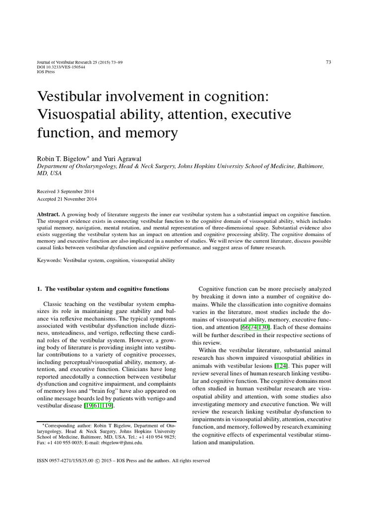 Vestibular Involvment in Cognition | PDF | Vestibular System | Vertigo