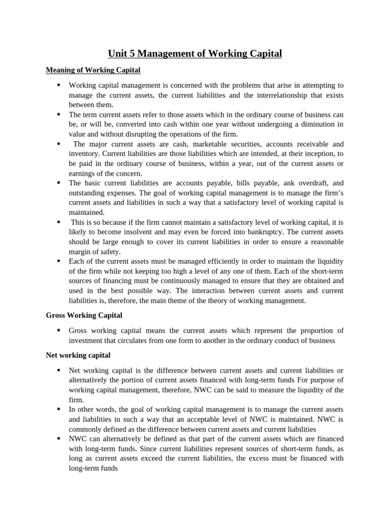 Unit 5 Management of Working Capital | PDF | Working Capital | Capital ...