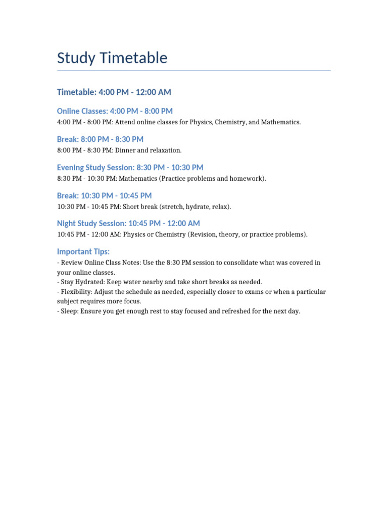 Study Timetable Class 11 PCM | PDF