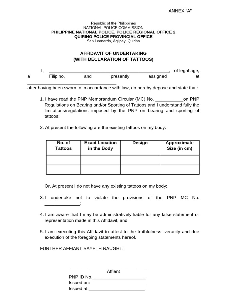 Affidavit of Undertaking Declaration of Tattoos | PDF