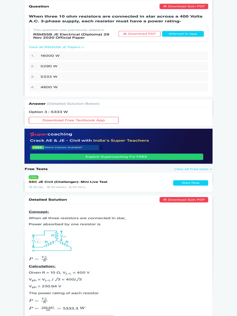 (Solved) When Three 10 Ohm Resistors Are Connected in Star Across A 4 | PDF