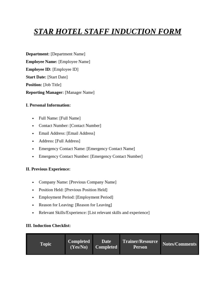 Hotel Staff Induction Checklist | PDF | Employment | Performance Appraisal