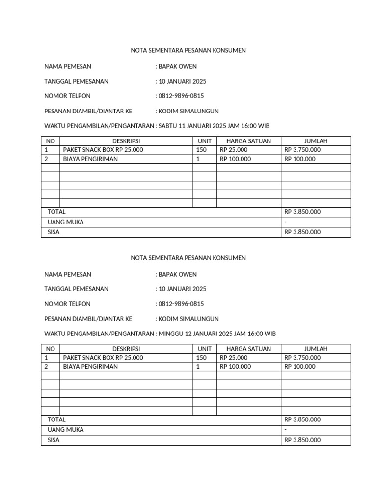 Nota Sementara Pesanan Konsumen | PDF