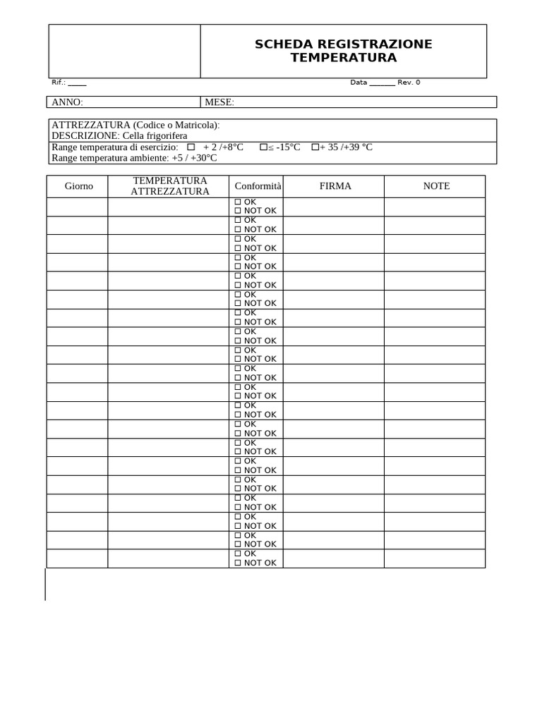 Registro Temperatura Cella Frigorifera | PDF