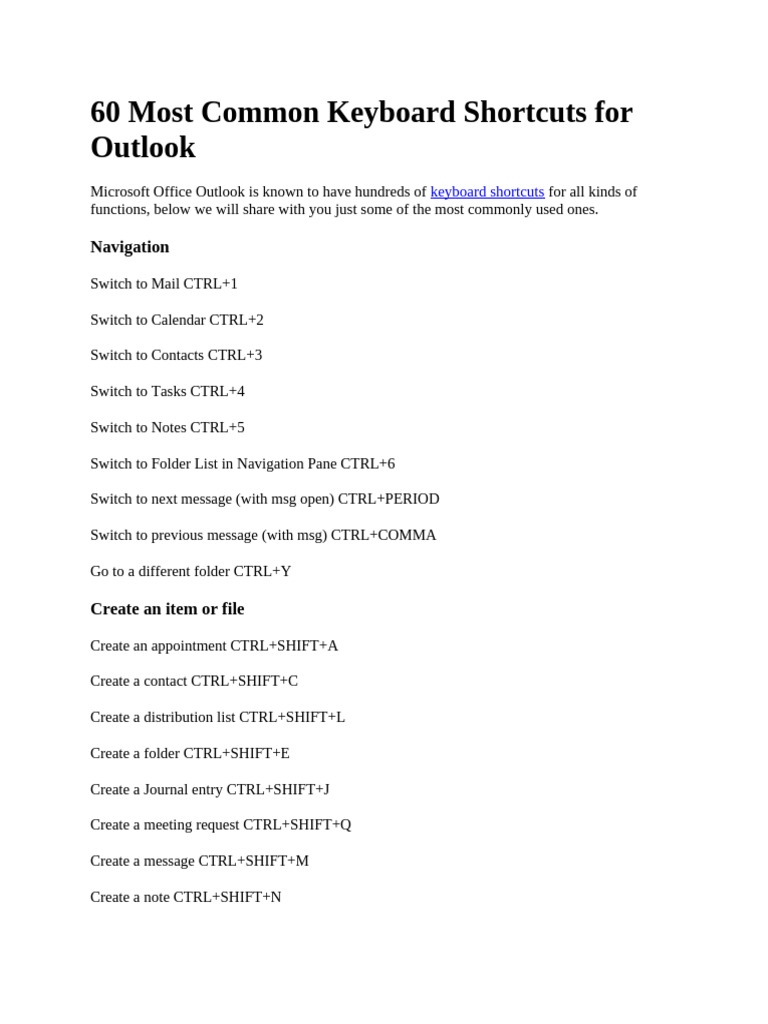 Common Outlook Keyboard Shortcuts | PDF