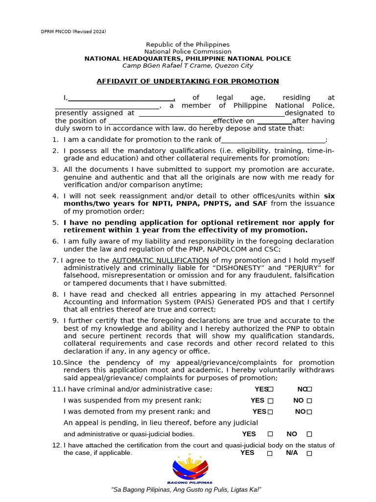 Affidavit for PNP Promotion 2024 | PDF | Affidavit | Justice