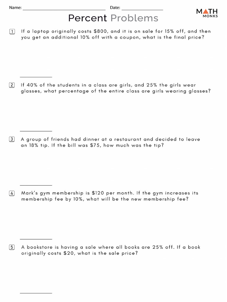 Percent Word Problems Worksheet | PDF