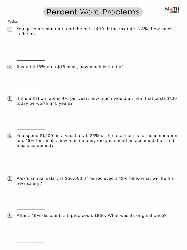 Percent Word Problems Worksheet 8th Grade | PDF