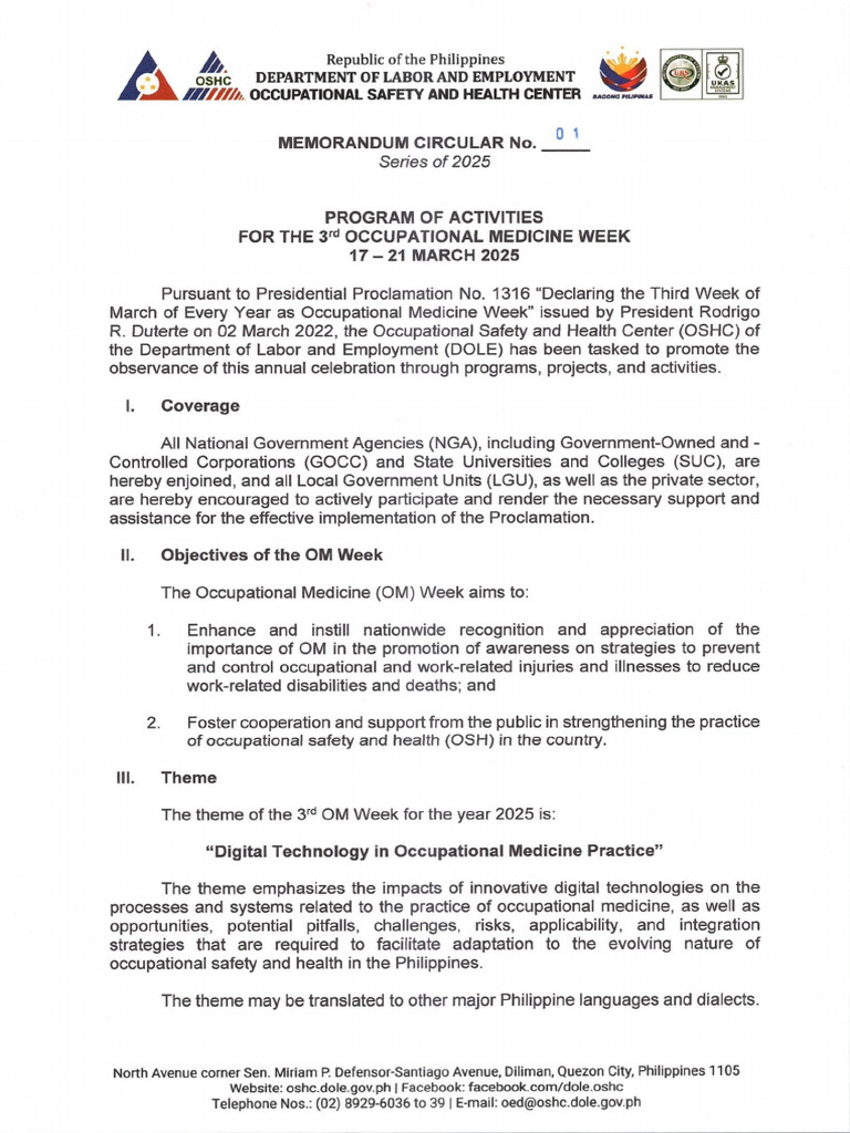 OSHC Memo Circular No. 01 3rd OM Week Program of Activities | PDF