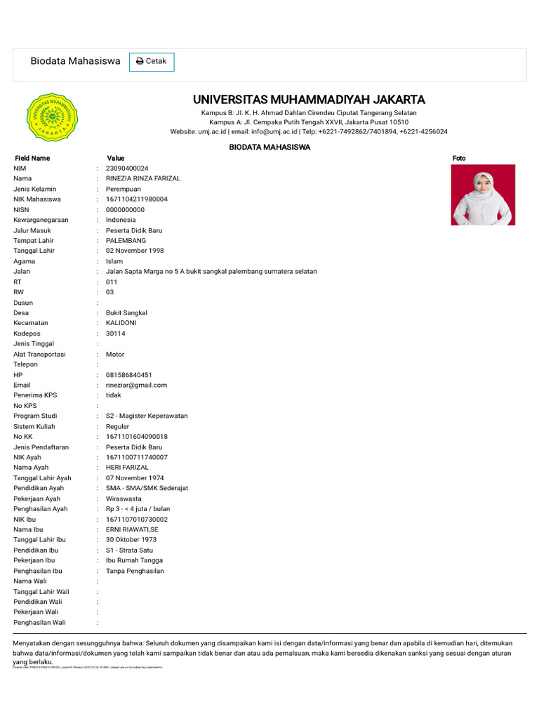 Biodata Mahasiswa | PDF