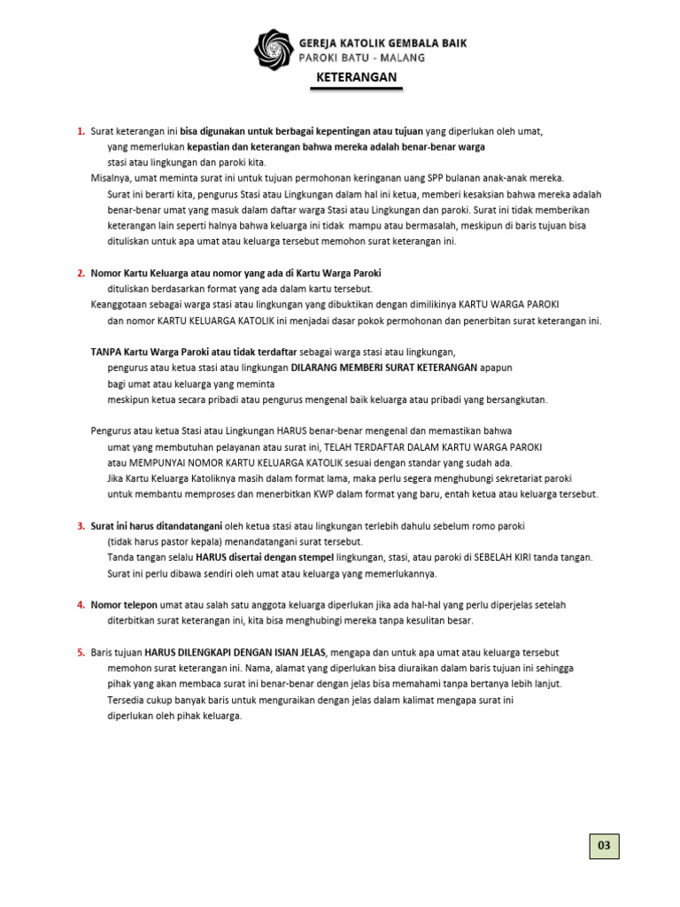 Surat Keterangan Ketua Stasi - Lingkungan | PDF