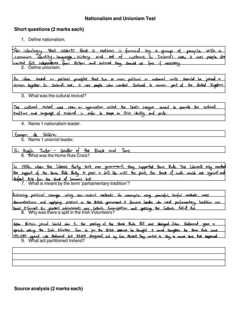 Nationalism and Unionism Test | PDF | Irish Nationalism | Unionism In ...