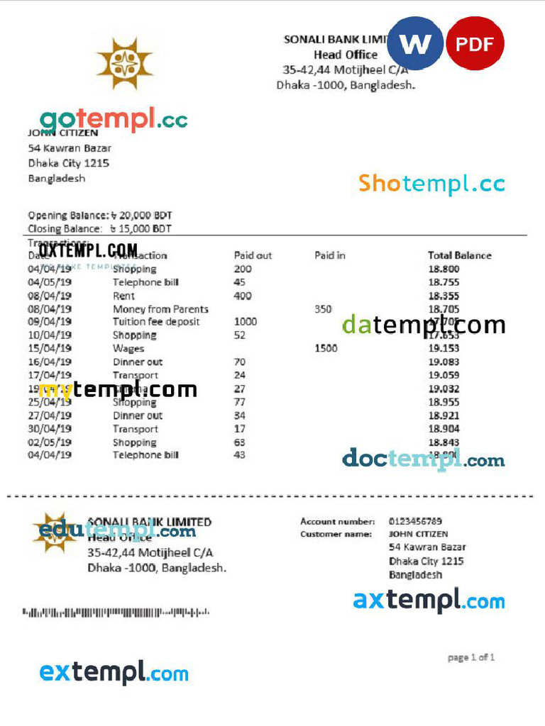 Doctempl - Bangladesh Sonali Bank Statement Template Word and PDF | PDF