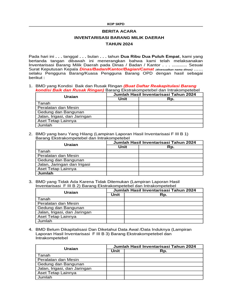 Berita Acara Inventarisasi Aset Opd Ta 2024 | PDF