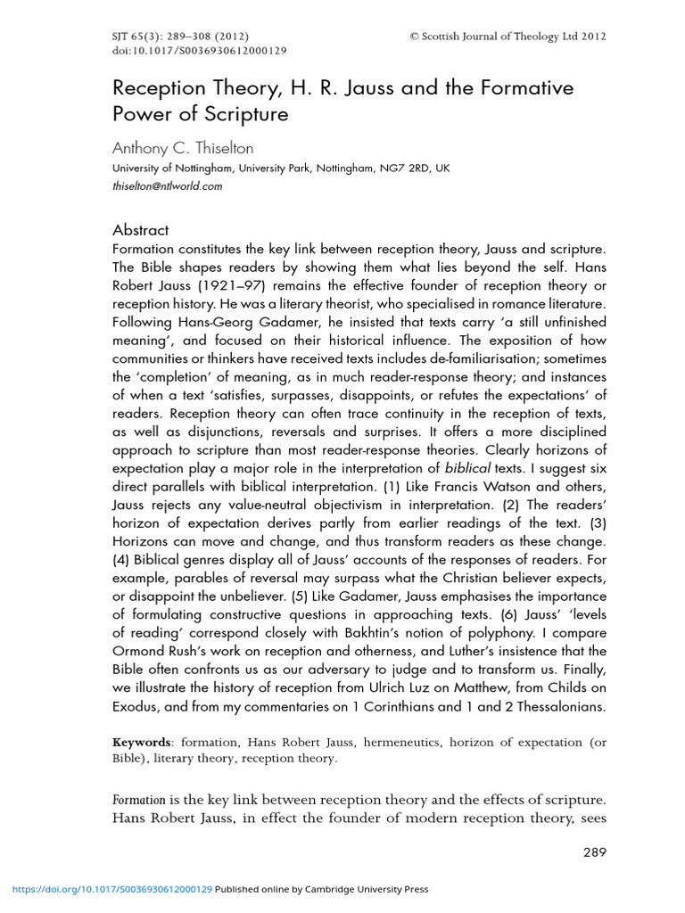 Reception Theory, H. R. Jauss and The Formative Power of Scripture ...