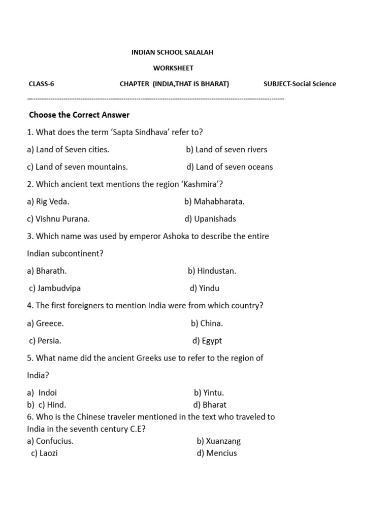 Class 6 Worksheet: India, That is Bharat | PDF | Hindu Literature ...