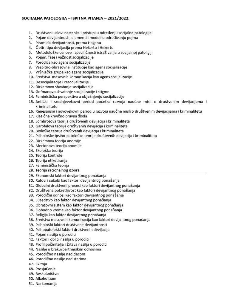 SOCIJALNA PATOLOGIJA - Ispitna Pitanja - 2021-2022 | PDF