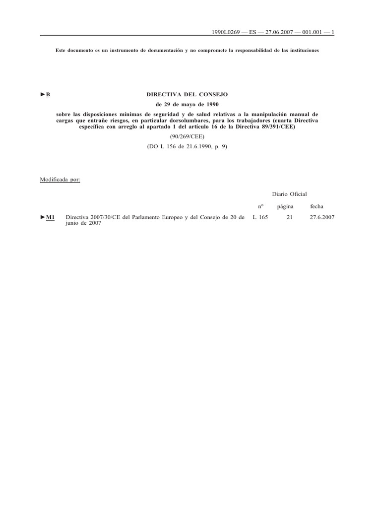 Directiva 90/269/CEE sobre manipulación de cargas | PDF | Comunidad Económica Europea | Comisión ...