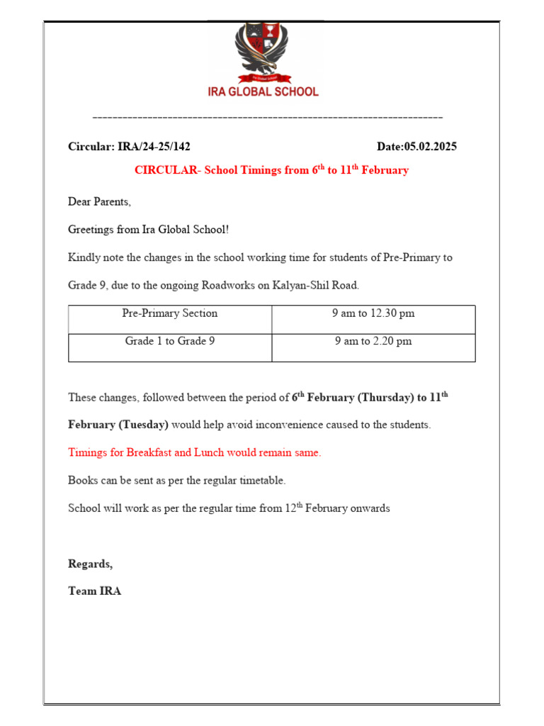 Cir 142 IRA School Timings 6th To 11th February Circular | PDF