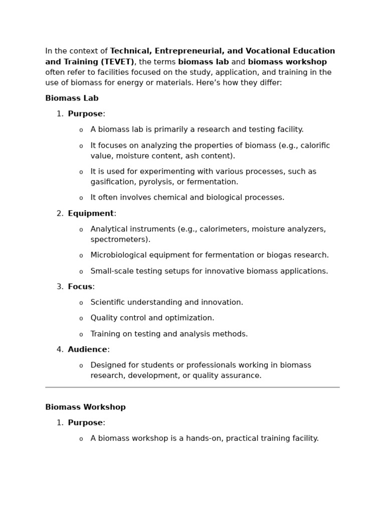 Biomass Lab vs. Workshop: Key Differences | PDF | Gasification