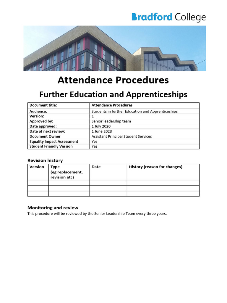 Attendance Procedures Further Education and Apprenticeships | PDF ...