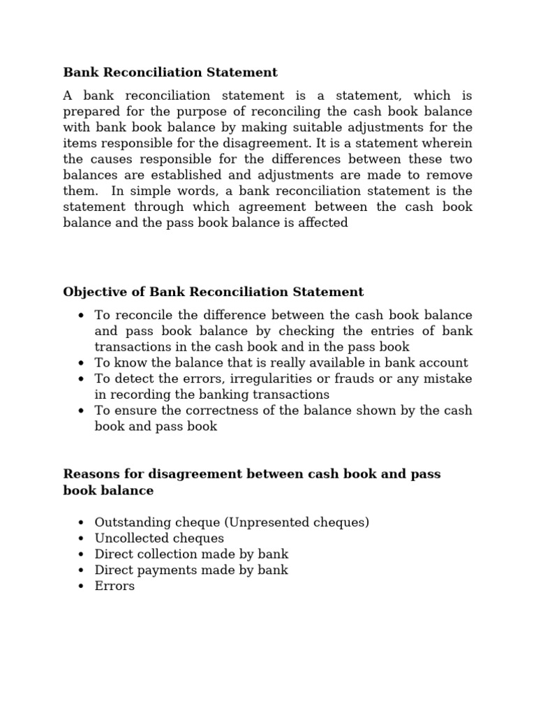 Bank Reconciliation Statement | PDF | Banks | Cheque