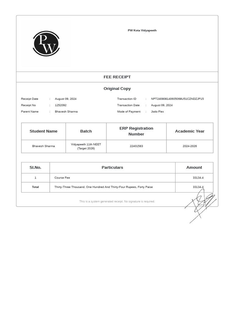 Bhavesh Sharma - Fee Payment Receipt - 1723200790 | PDF