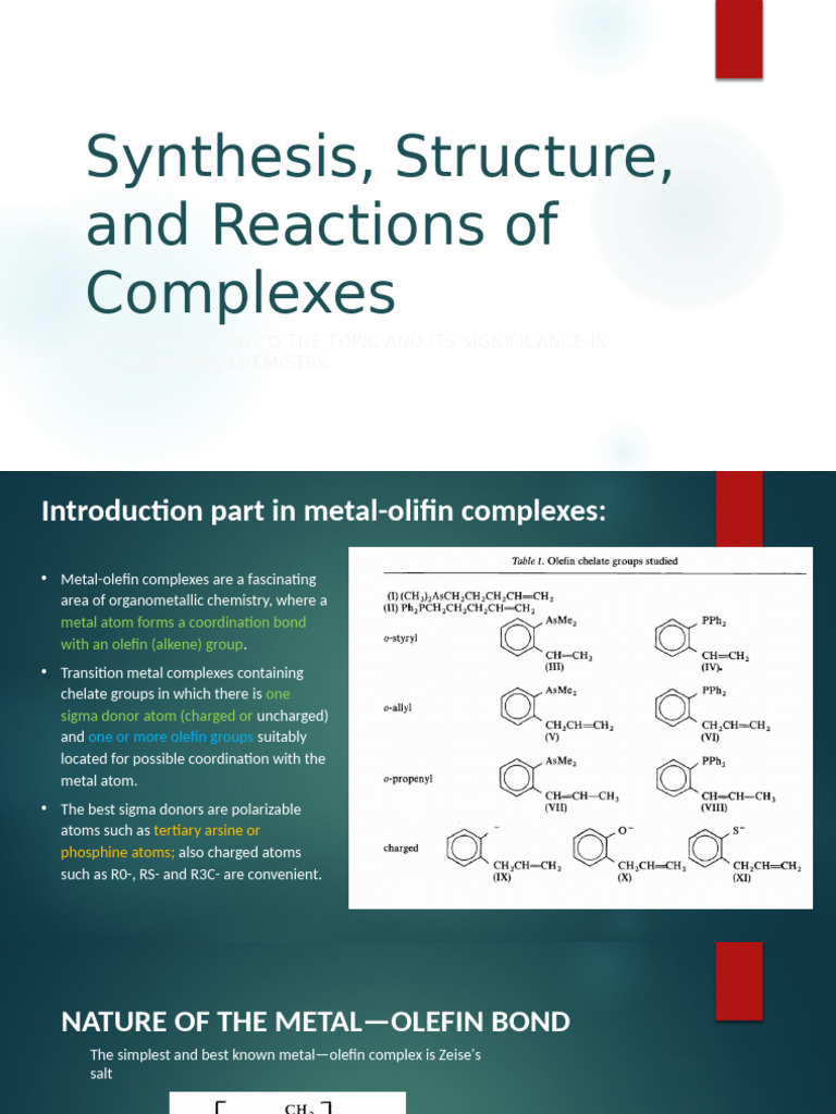 Metal-Olefin Complexes: Synthesis & Reactions | PDF | Coordination ...