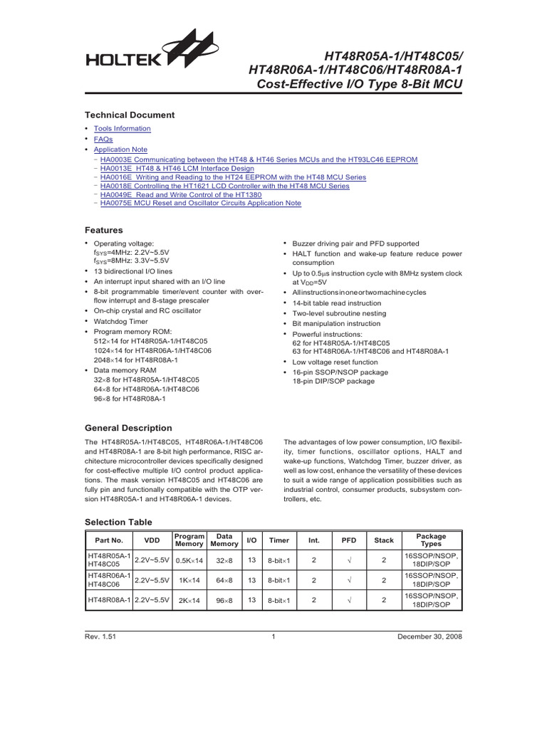 HT48R06A-1 HoltekSemiconductorInc | PDF | Microcontroller | Pointer (Computer Programming)