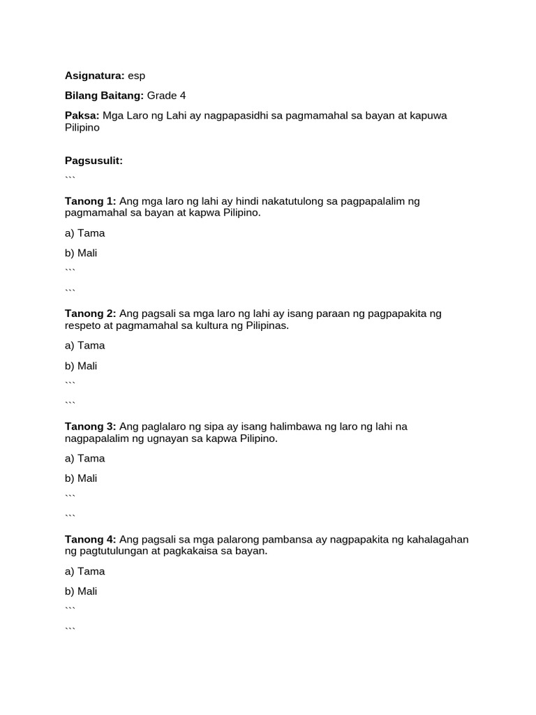 quiz_Mga Laro ng Lahi ay nagpapasidhi sa pagmamahal sa bayan at kapuwa ...