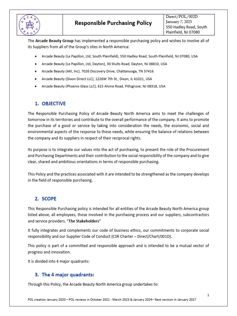 Arcade Beauty Responsible Purchasing Policy | PDF | Corporate Social ...