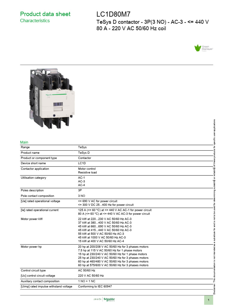 Schneider - Motor Starter Components Finder - LC1D80M7 | PDF ...