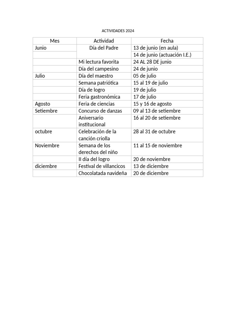Actividades escolares 2024 calendario | PDF