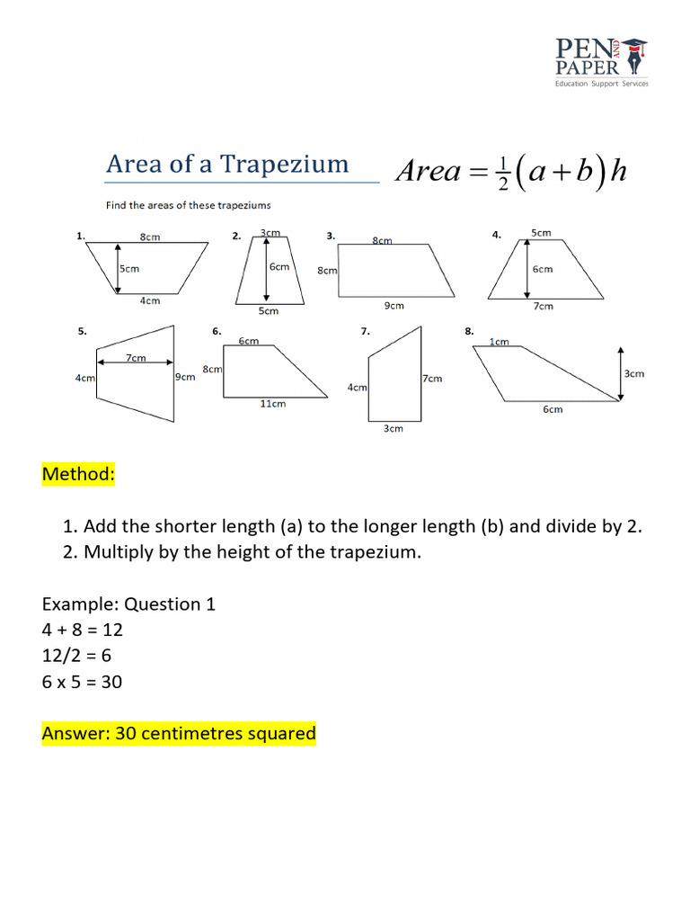 Area of Trapeziums Worksheet | PDF