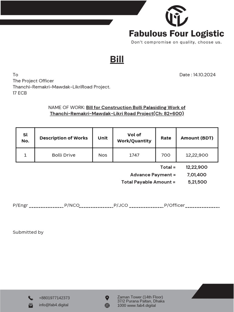 Bolli Palasiding Work Bill for Thanchi Road | PDF
