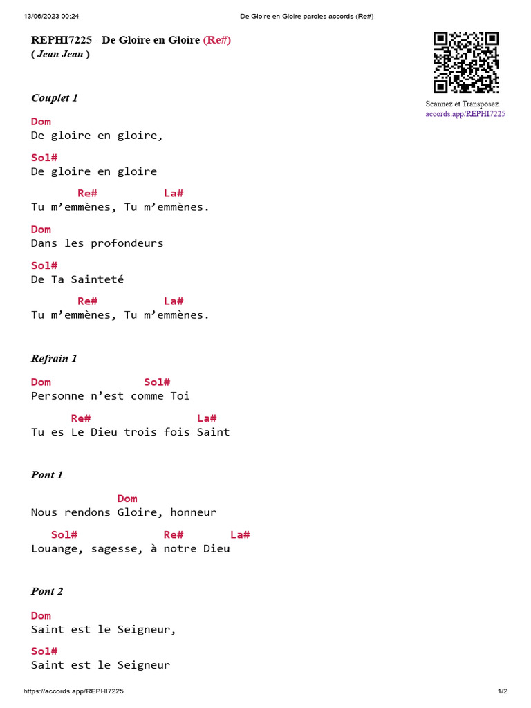 De Gloire en Gloire - Paroles et Accords | PDF