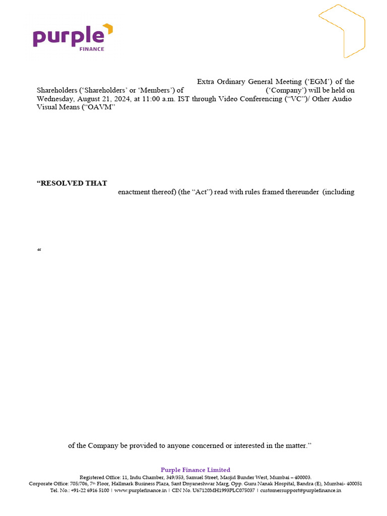 Purple Finance Ltd. EGM Notice Through VC | PDF | Electronic Voting ...