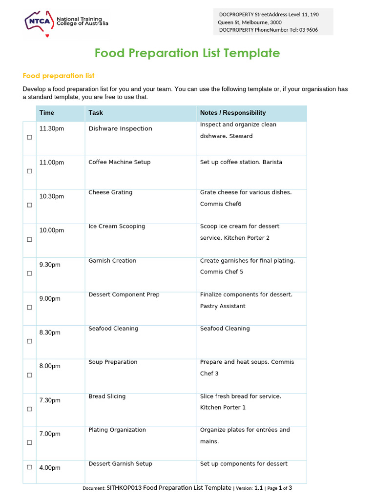 Food Preparation List Template Guide | PDF | Chef | Desserts