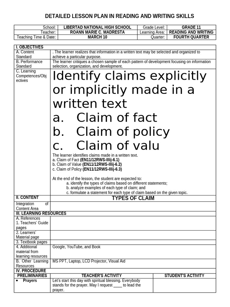 Grade 11 Reading and Writing Lesson Plan | PDF | Policy | Learning