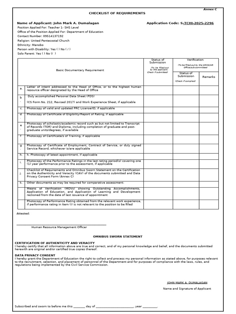 ANNEX C Checklist of Requirements and Omnibus Sworn Statement | PDF