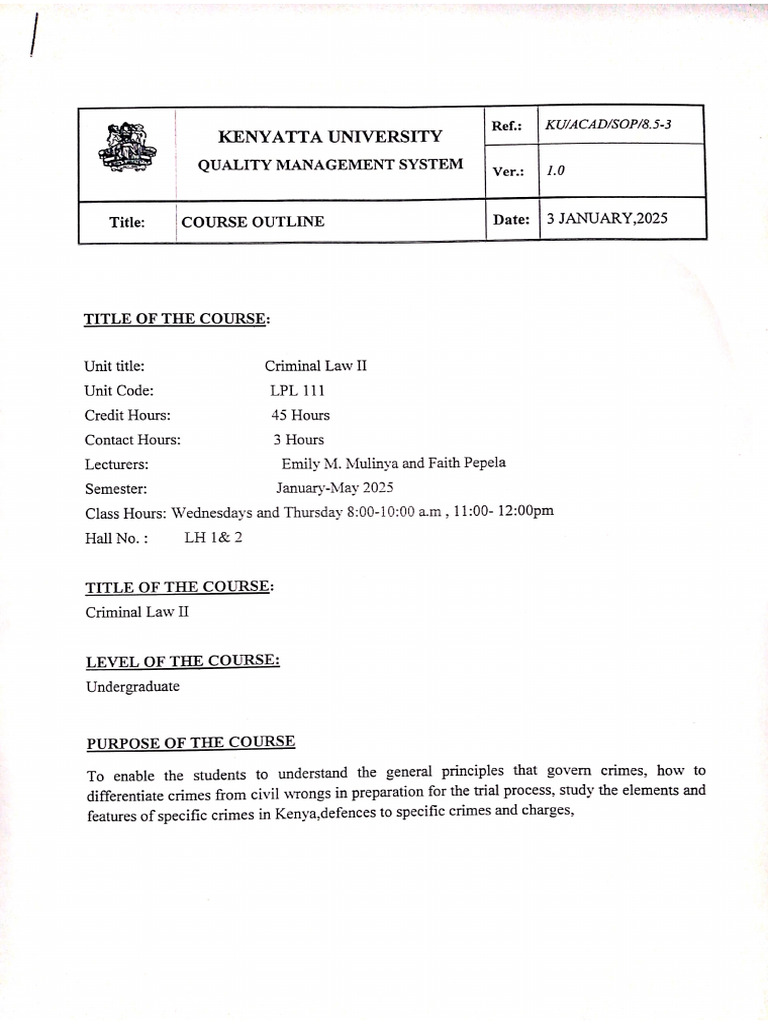 Criminal Law 2 Course Outline | PDF